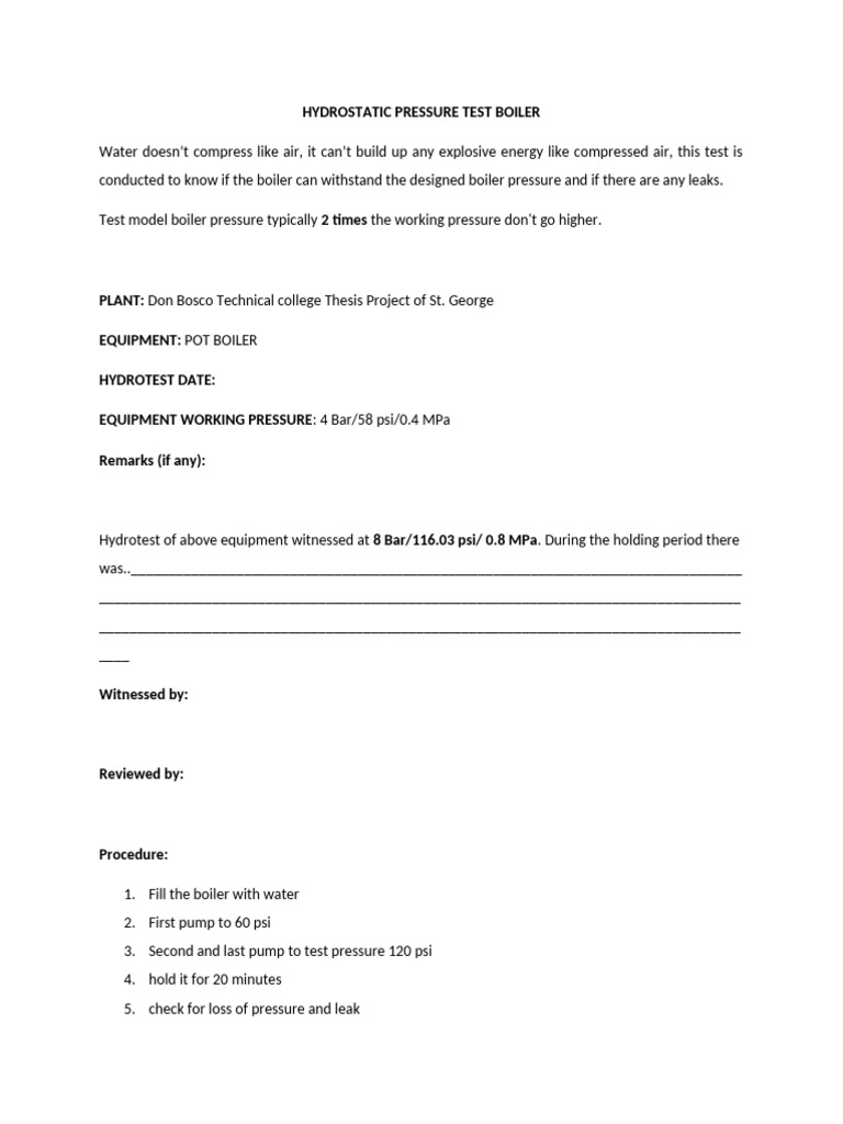 Boiler Hydrostatic Test Procedure | PDF