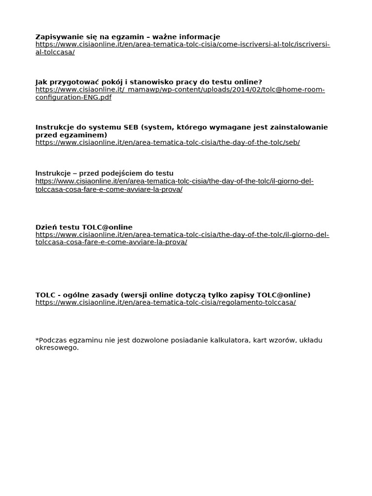 TOLC@online - Najwazniejsze Informacje | PDF