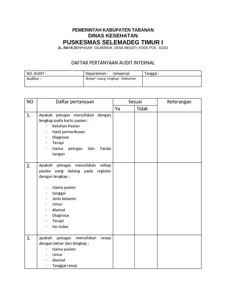 Daftar Pertanyaan Audit Internal Jampersal | PDF