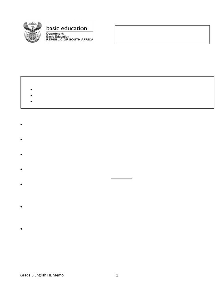 2015 Grade 5 English HL Memo | PDF | English Language | Linguistics