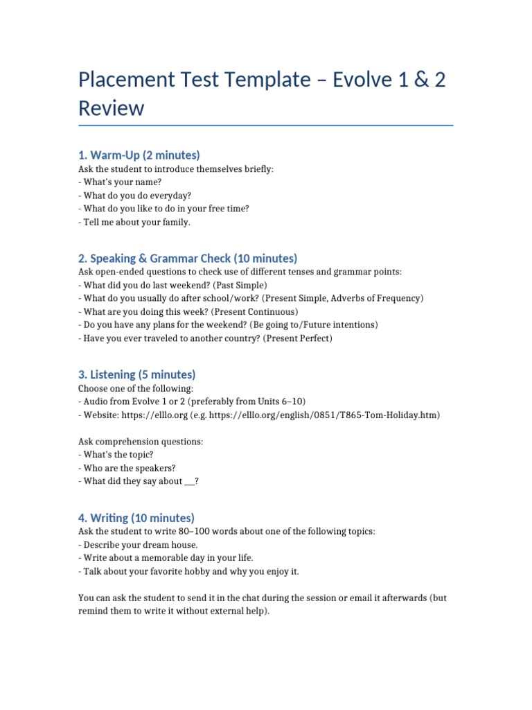 Placement Test Template Evolve | PDF