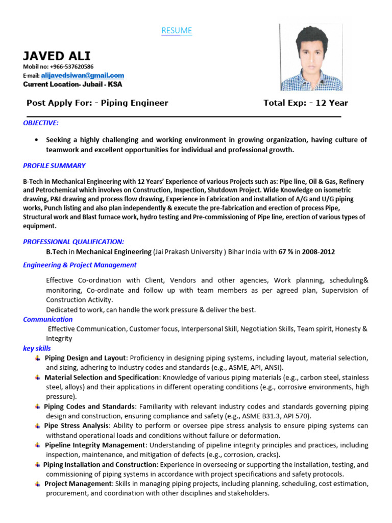 Cv - Javed Ali Piping Engineer | PDF | Pipe (Fluid Conveyance) | Safety