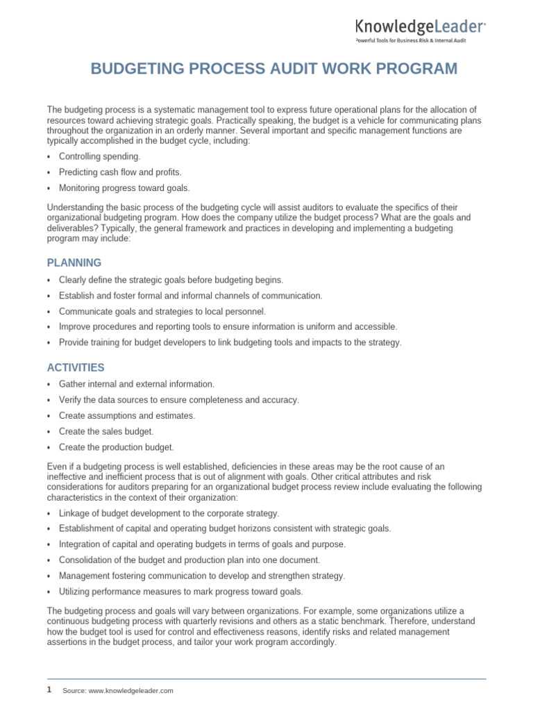 Budgeting Process Audit Work Program | PDF | Budget | Goal