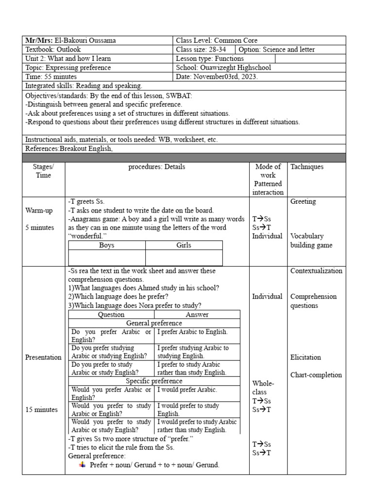 Expressing Preference Lesson Plan | PDF | Reading Comprehension | English Language