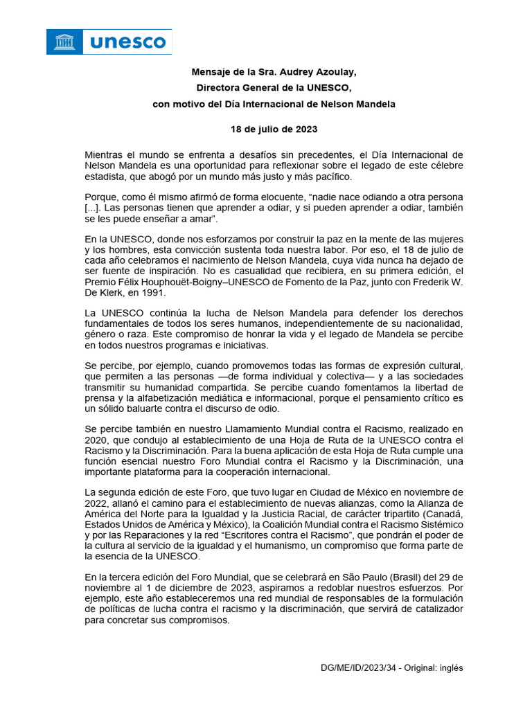 Mensaje de La Sra. Audrey Azoulay, Directora General de La UNESCO, Con ...