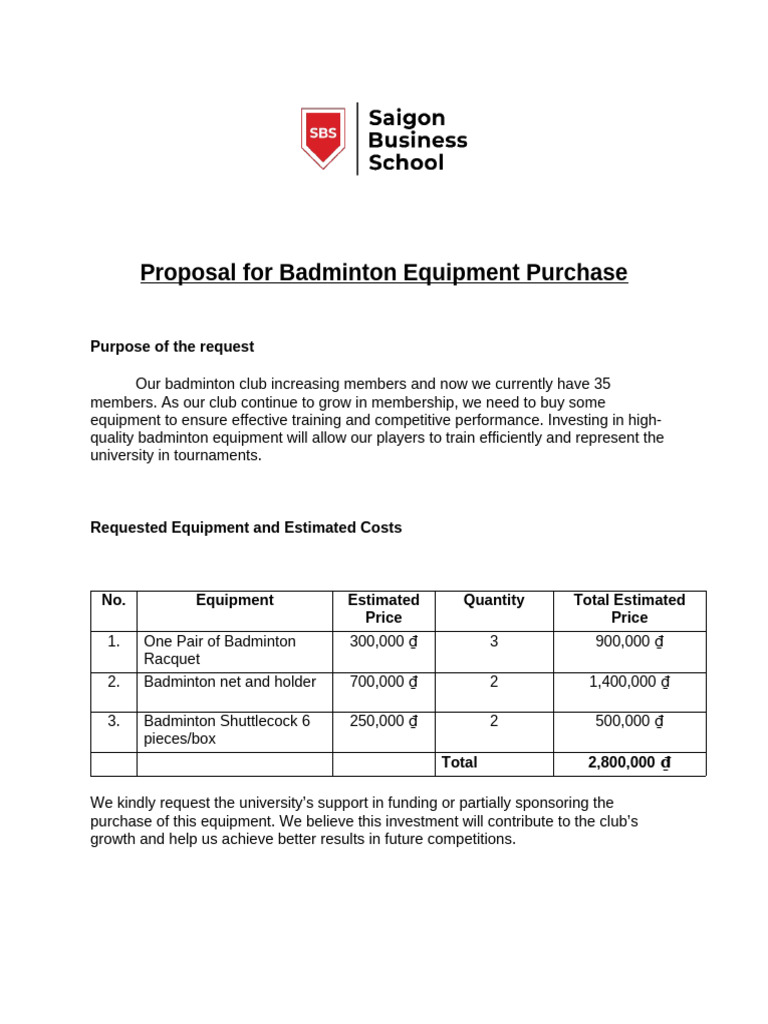 Proposal For Badminton Equipment Purchase | PDF
