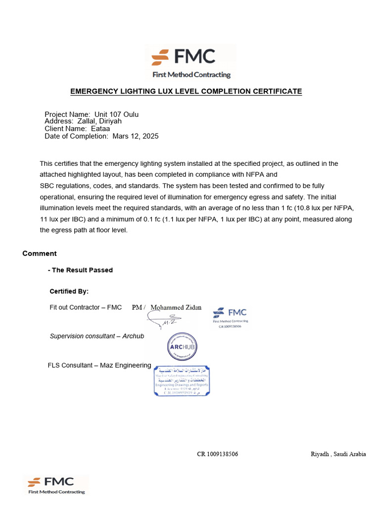 Emergency Lighting Lux Level Completion Certificate | PDF ...