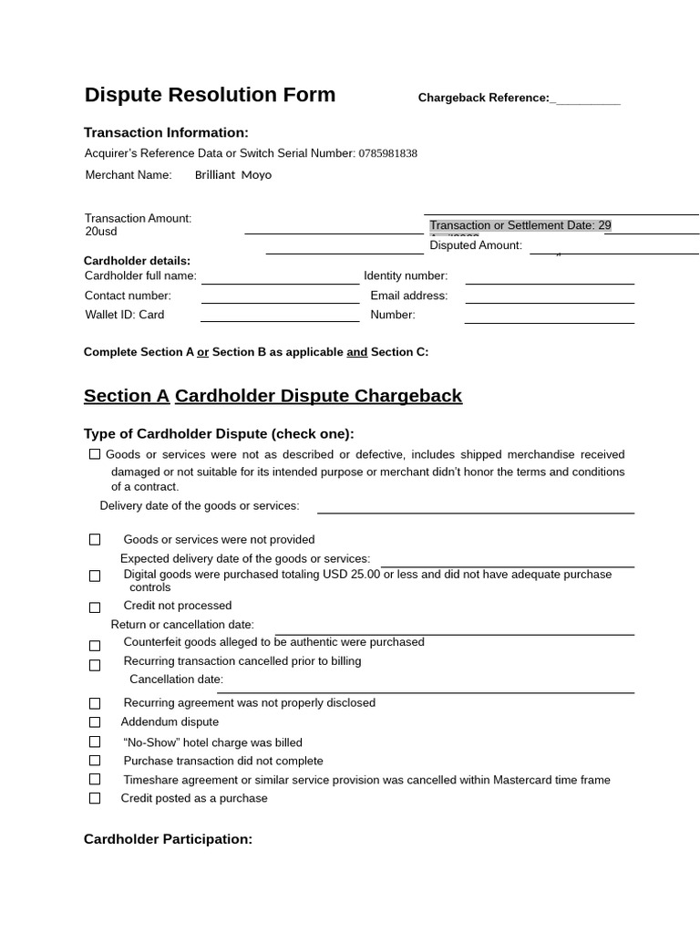 Dispute Resolution Form | PDF | Credit Card | Master Card