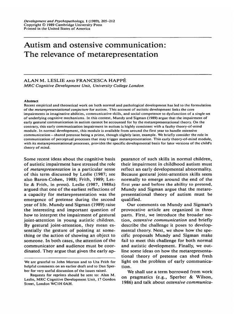 Autism and Ostensive Communication The R | PDF | Autism | Theory Of Mind