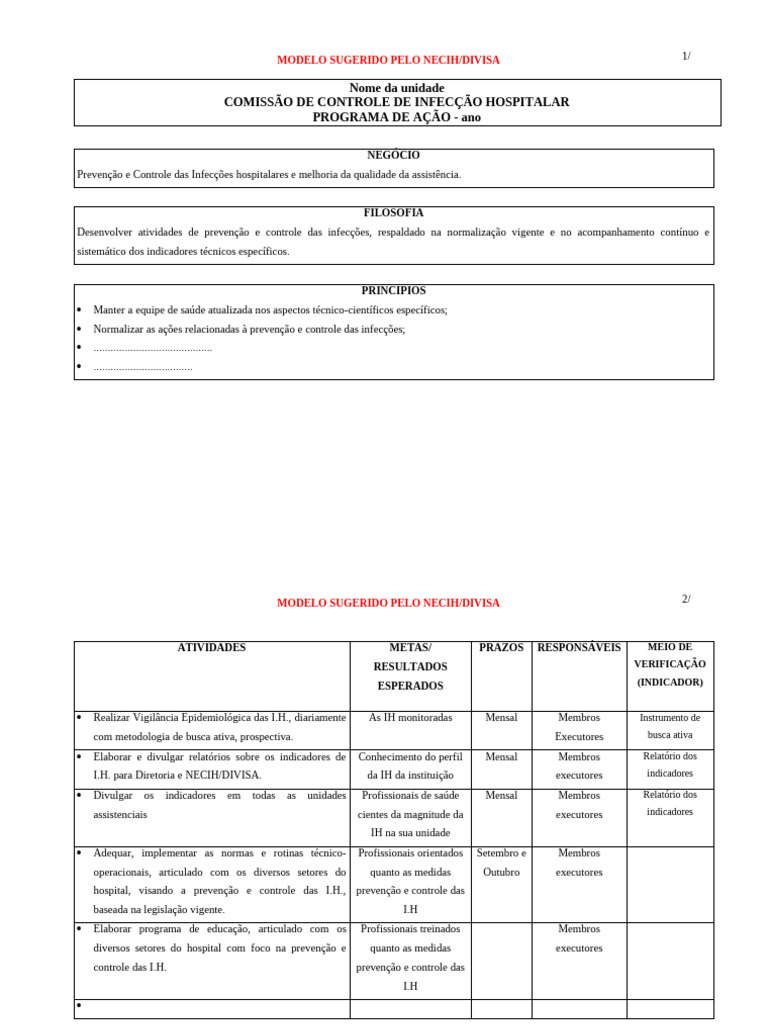 Modelo de Programa de Ação para CCIH | PDF | Infecção | Epidemiologia