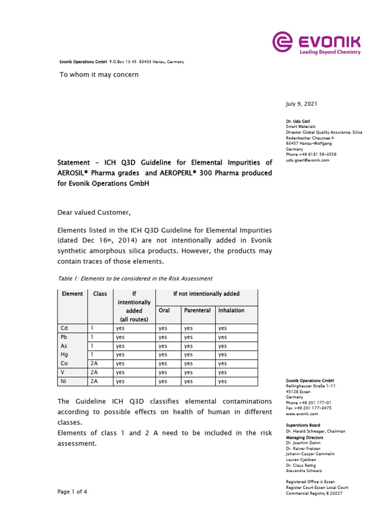 Evonik - Aerosil 200 Pharma - Collodial Silica - ICH Q3D Elemental ...