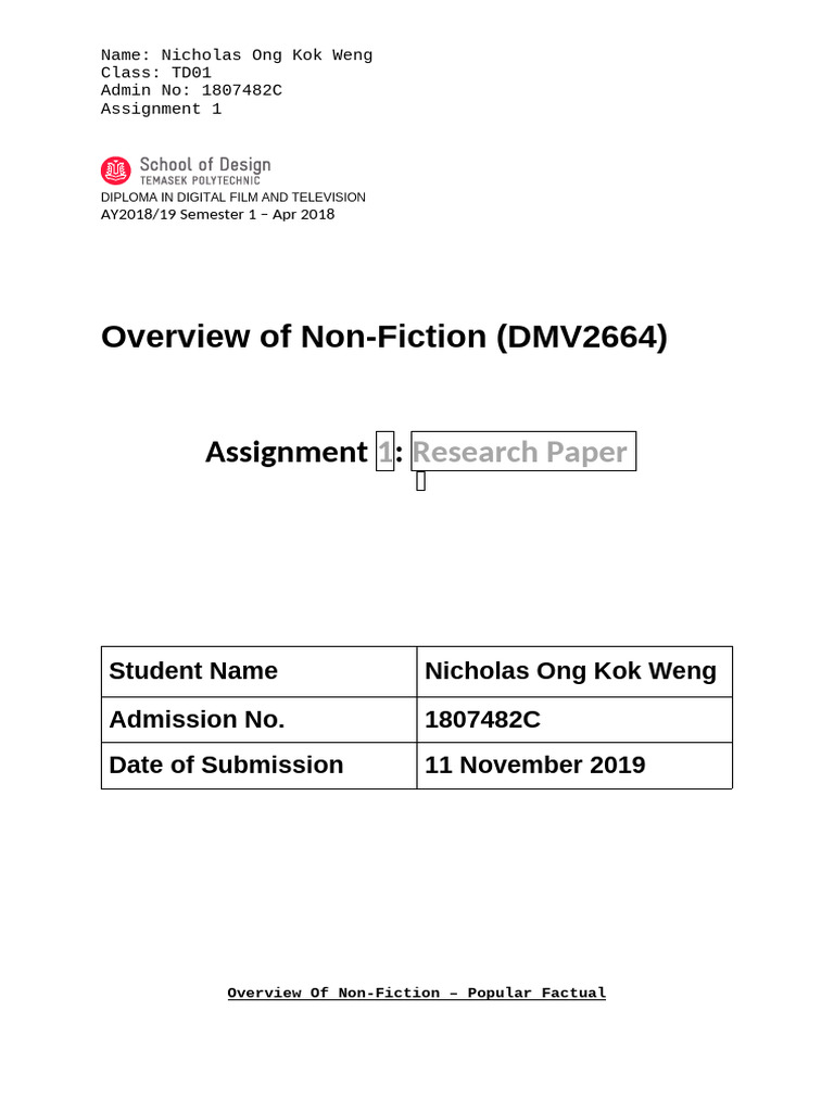 Overview of Non Fiction - Nicholas Ong - Assignment 1 | PDF | Reality Television