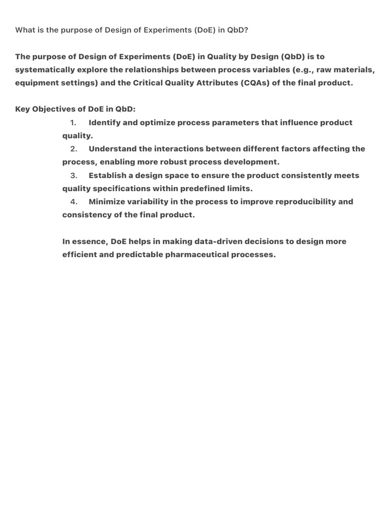 What is the purpose of Design of Experiments (DoE) in QbD | PDF