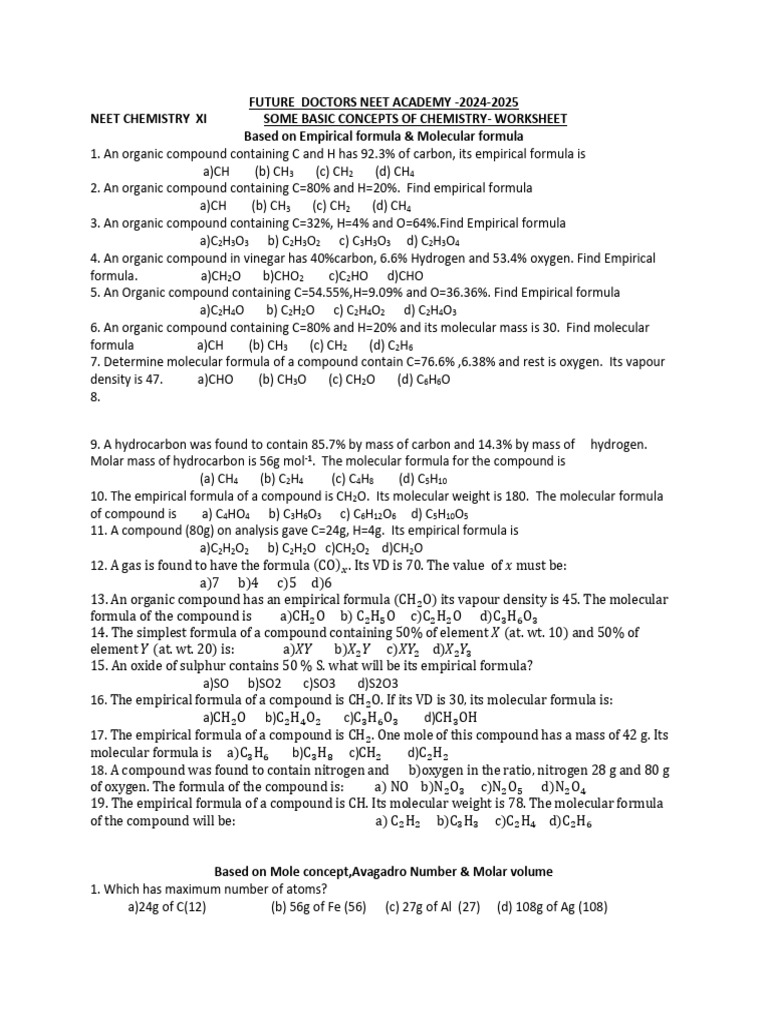 NEET Chemistry Worksheet: Empirical & Molecular Formulas | PDF | Mole ...