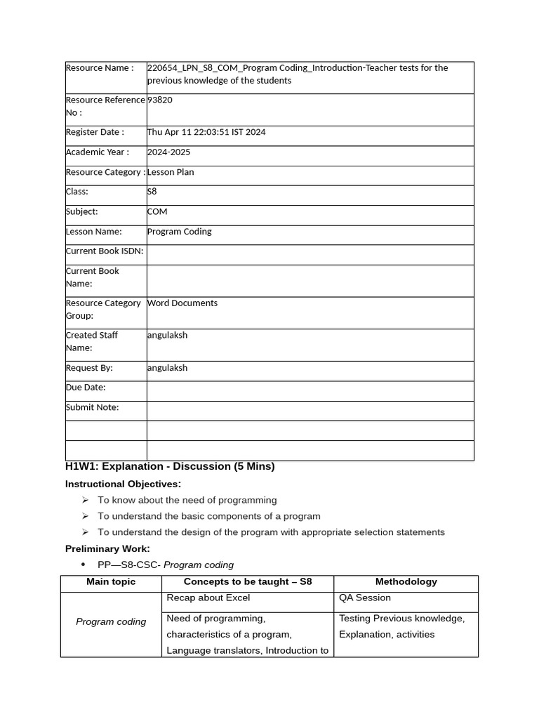 Introduction to Program Coding Lesson Plan | PDF