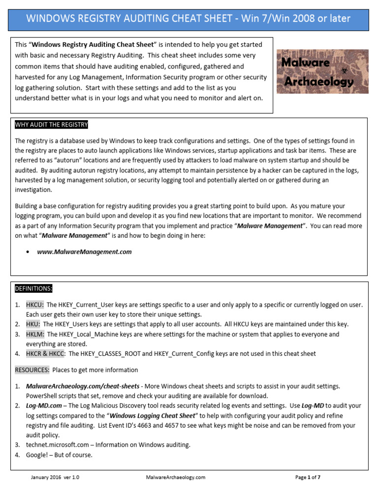 Windows Registry Auditing Cheat Sheet Ver Jan 2016 | PDF | Windows Registry | Computing