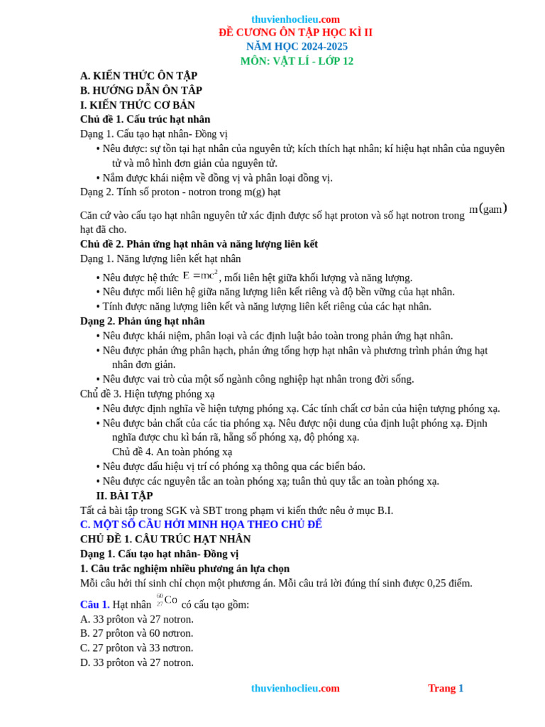 De Cuong Tap Cuoi HK2 Vat Li 12 KNTT | PDF