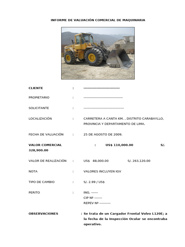 Informe de Valuación Comercial de Maquinaria 2 | PDF | Valoración (Finanzas) | Contabilidad ...