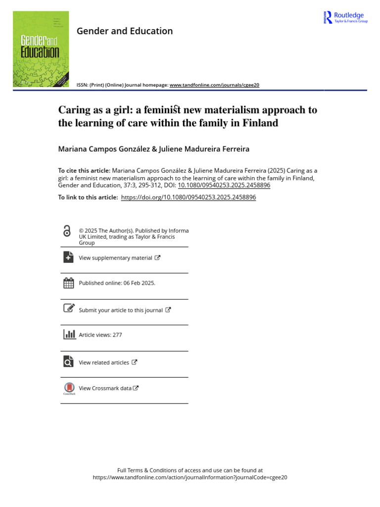 Caring As A Girl A Feminist New Materialism Approach To The Learning of ...