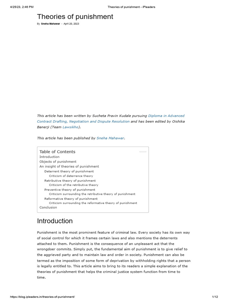 Theories of Punishment - Ipleaders | PDF | Punishments | Crimes