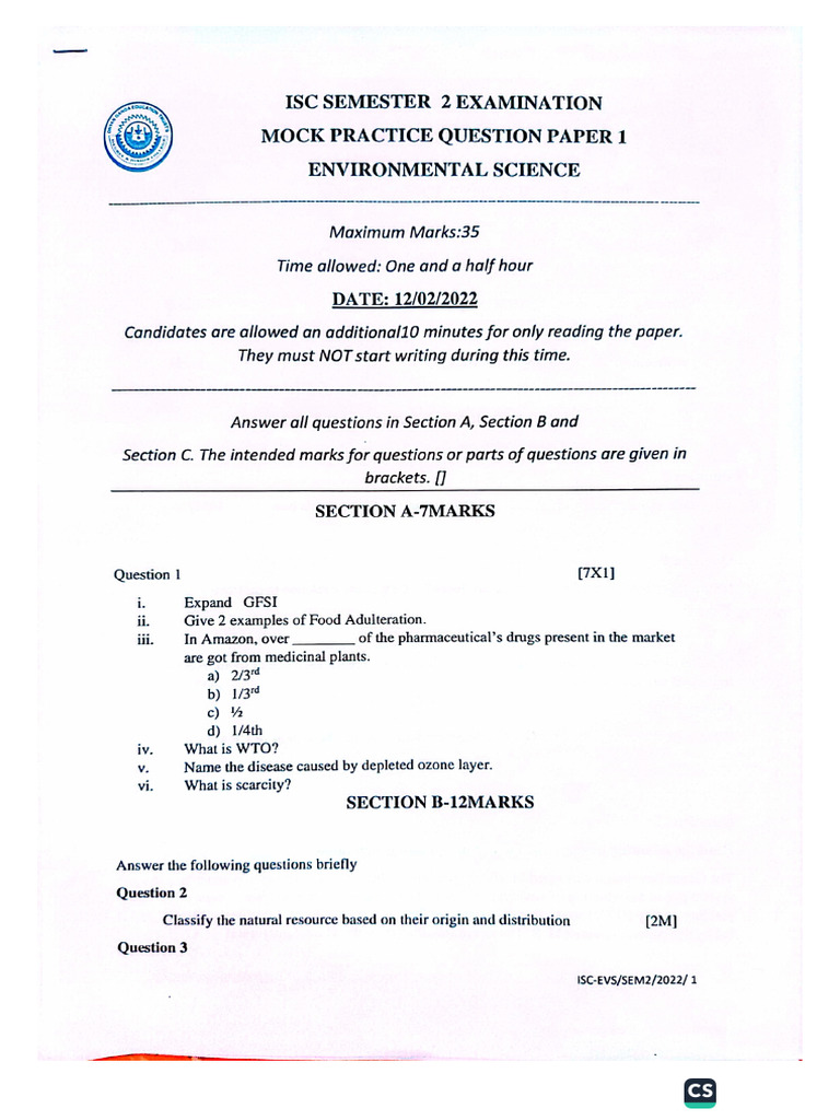 ENVS 2ND SEM SAMPLE QUESTION PAPER | PDF