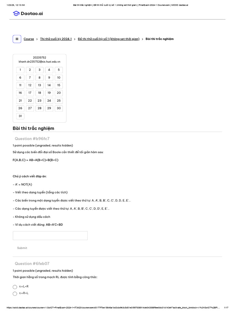 Bài thi trắc nghiệm - Đề thi thử cuối kỳ số 1 (không set thời gian) - FinalExam-2024-1 ...