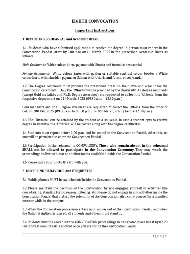 Instructions For Graduands - 8th Convocation | PDF