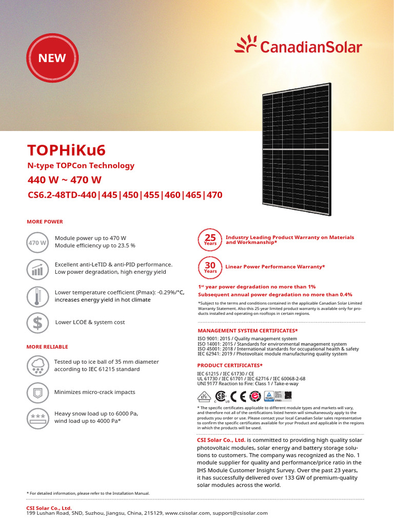 Canadian Solar TOPHiKu6 Module Specs | PDF | Photovoltaics | Solar Panel
