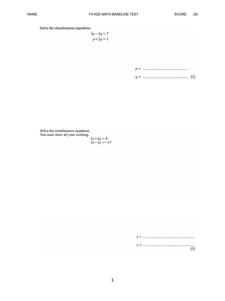 F4 Add Math Baseline Test | PDF
