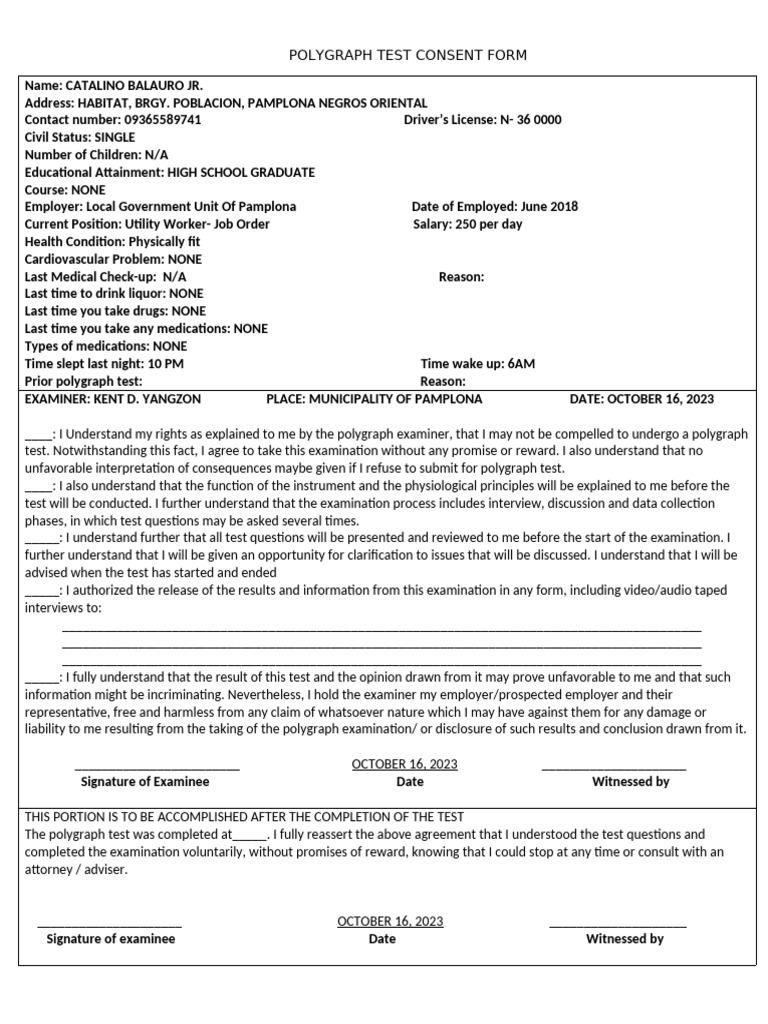 Yangzon Kent Polygraph Test Consent Form | PDF | Polygraph