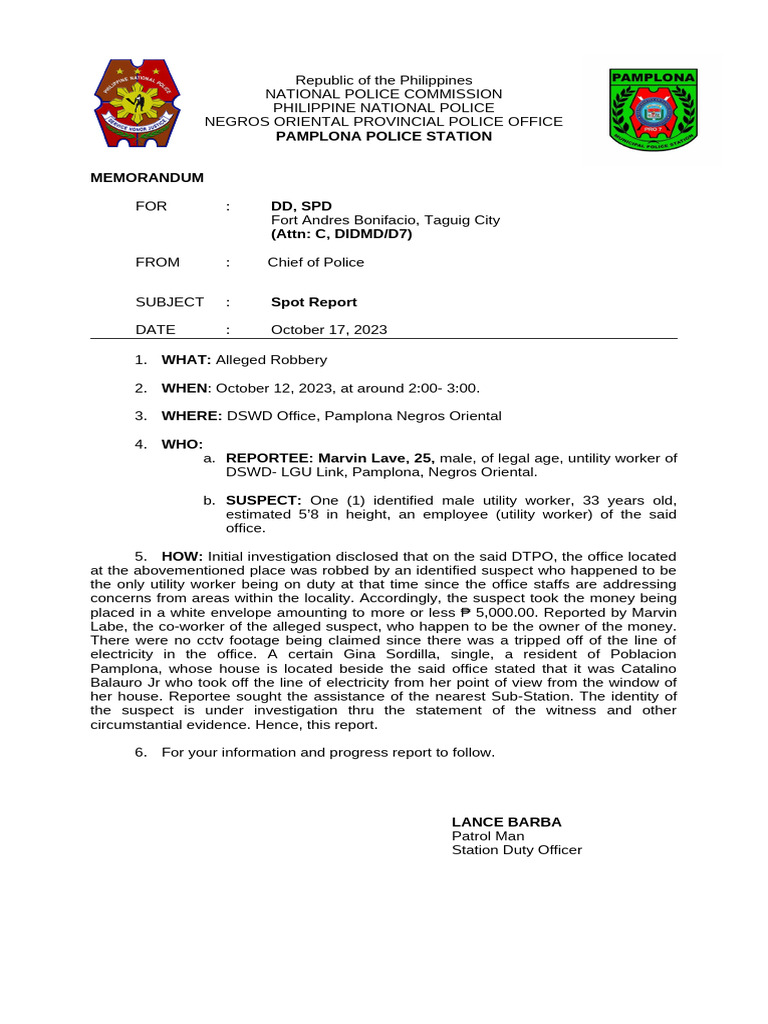 Pamplona Police Spot Report on Robbery | PDF