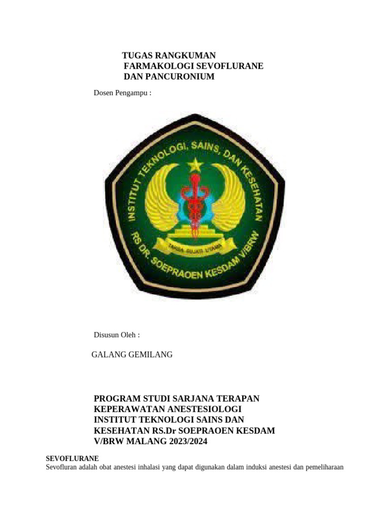 Tugas Rangkuman Farmakologi Sevoflurane Dan Pancuronium[1] g[1] | PDF