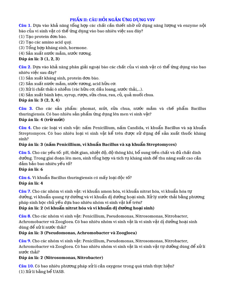 PHẦN II CÂU HỎI NGẮN ỨNG DỤNG VSV | PDF
