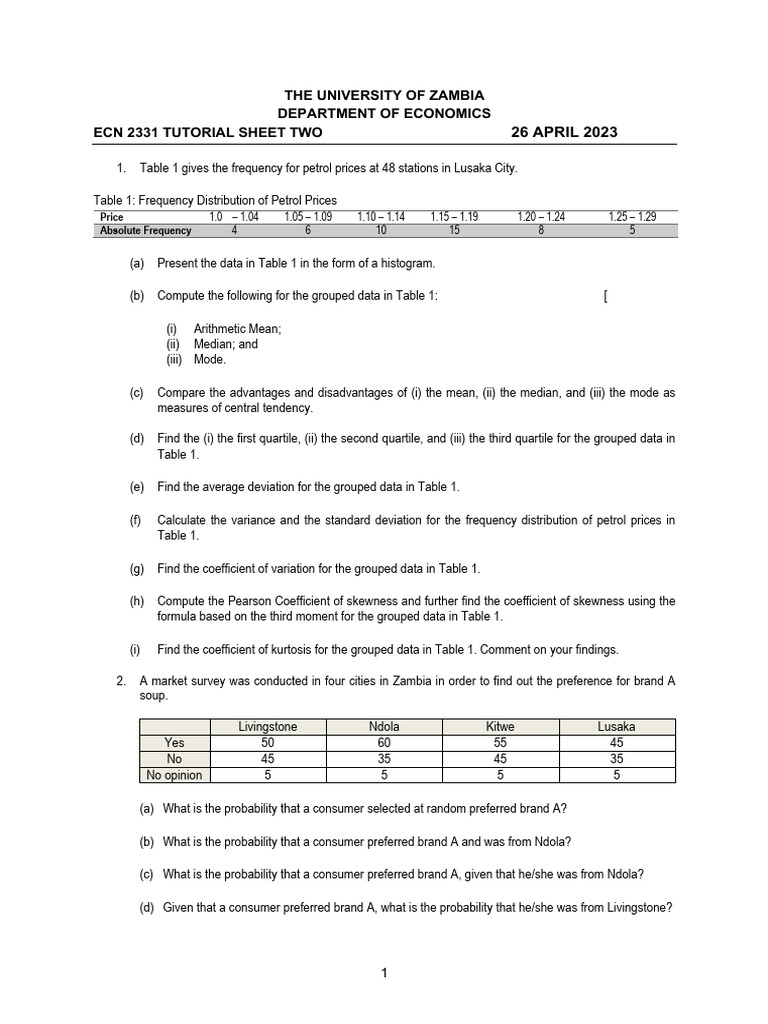 ECN 2331 Tutorial Sheet 2 - 26.04 | PDF | Statistical Theory | Descriptive Statistics