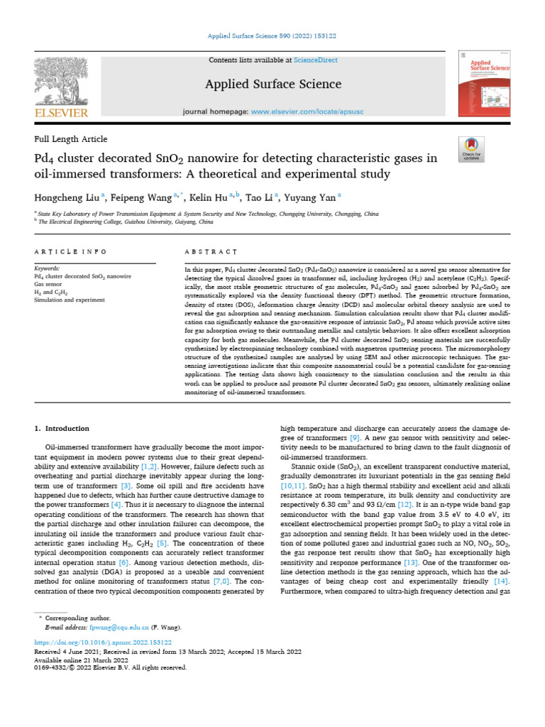 Pd4-SnO2 Nanowire Gas Sensor for Transformers | PDF | Adsorption | Gases