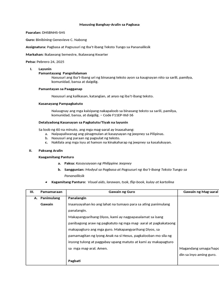 Detalyadong Banghay | PDF