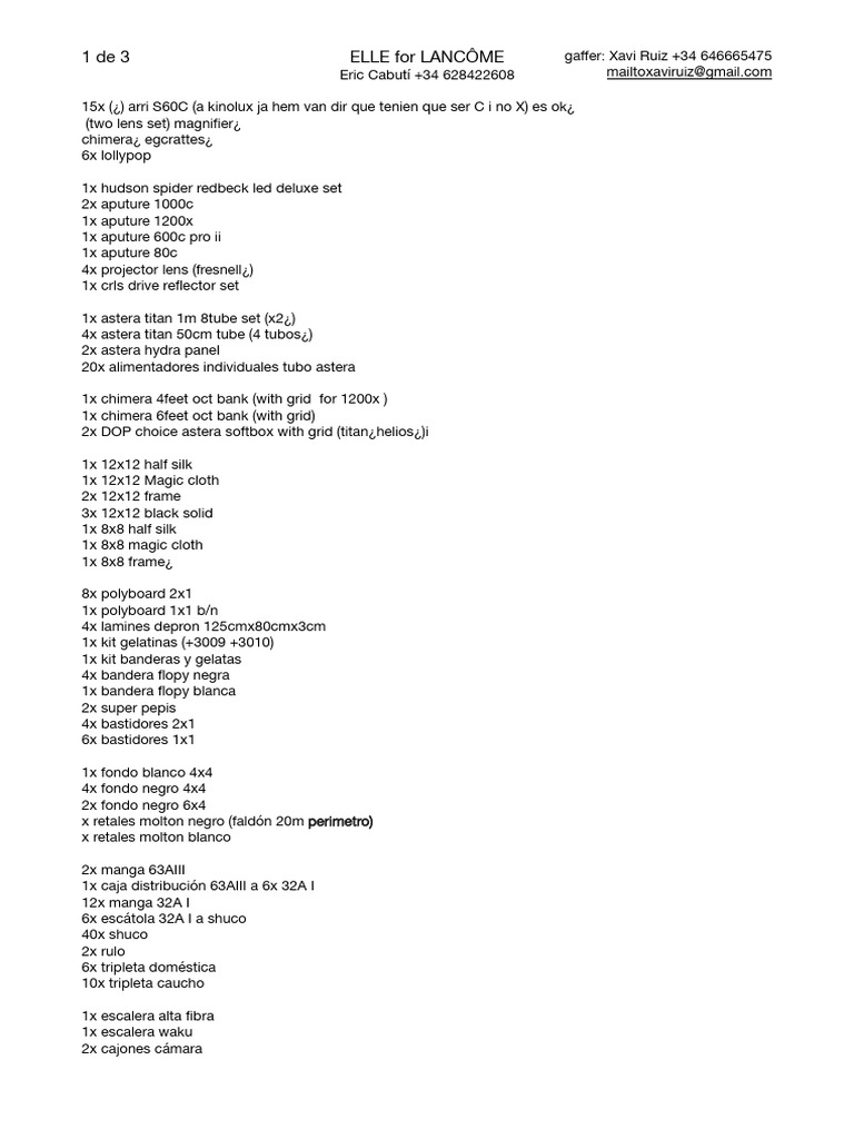 Lista Material Luz Elle For Lancôme | PDF