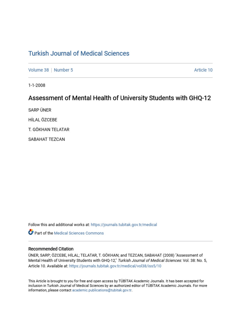 Assessment of Mental Health of University Students With GHQ-12 | PDF | Mental Disorder | Mental ...