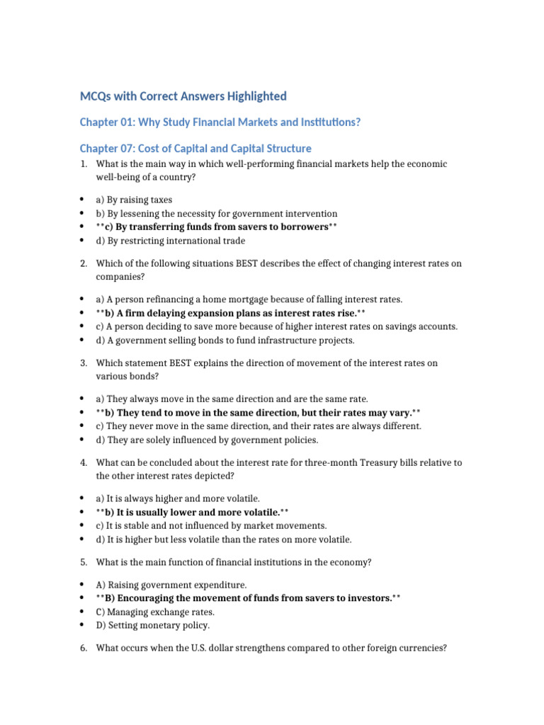 Financial Markets MCQs with Answers | PDF | Interest Rates | Interest