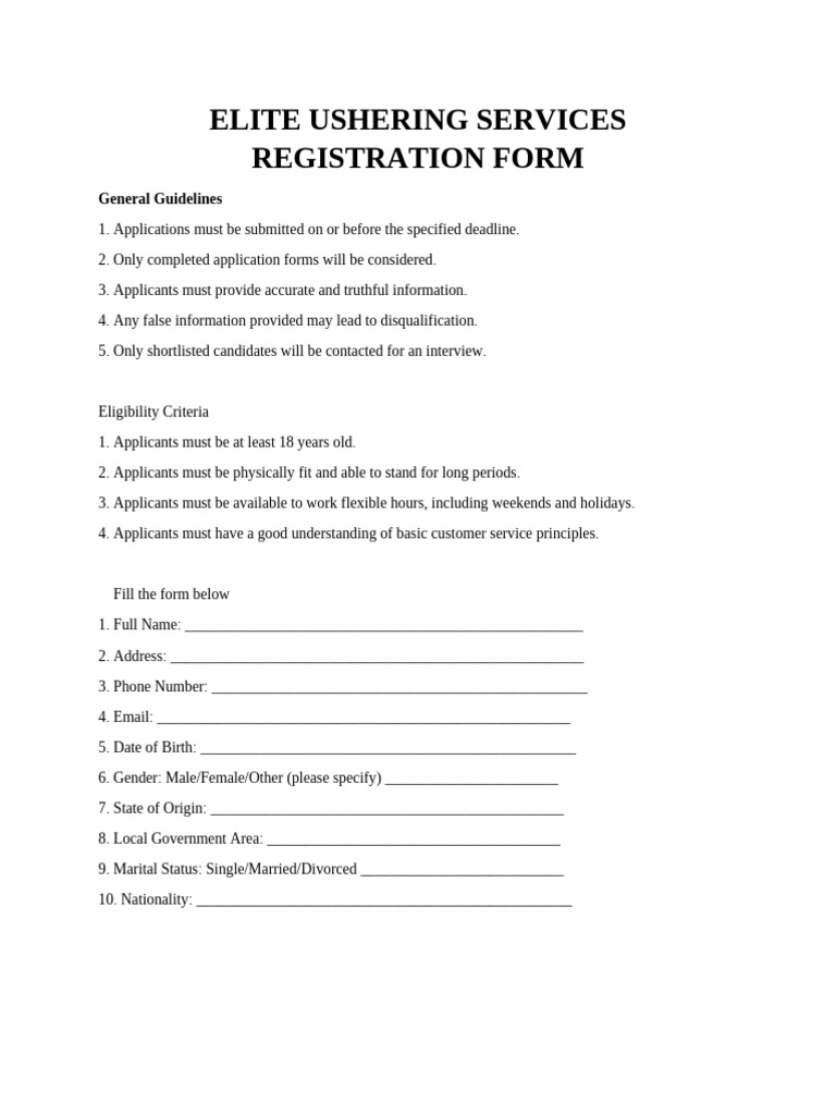 Usher Application Registration Form | PDF