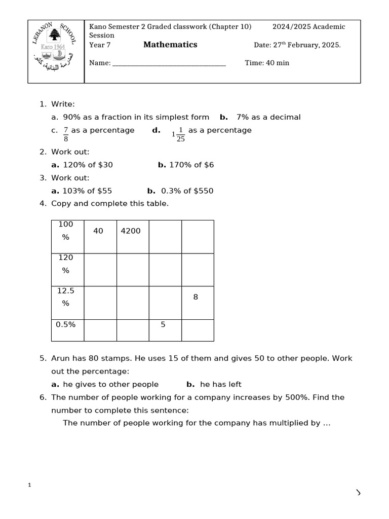 Graded Classwork Chapter 10 | PDF