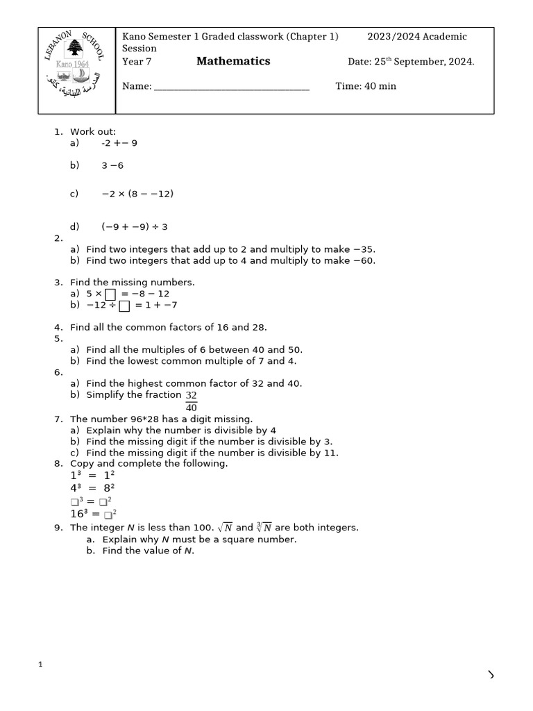 Year 7 Mathematics Graded Classwork | PDF