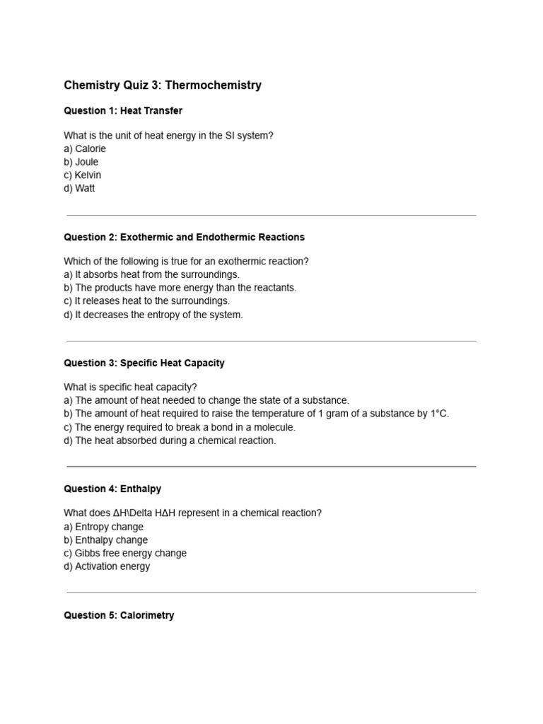 Thermochemistry Quiz Heat Reactions Pdf