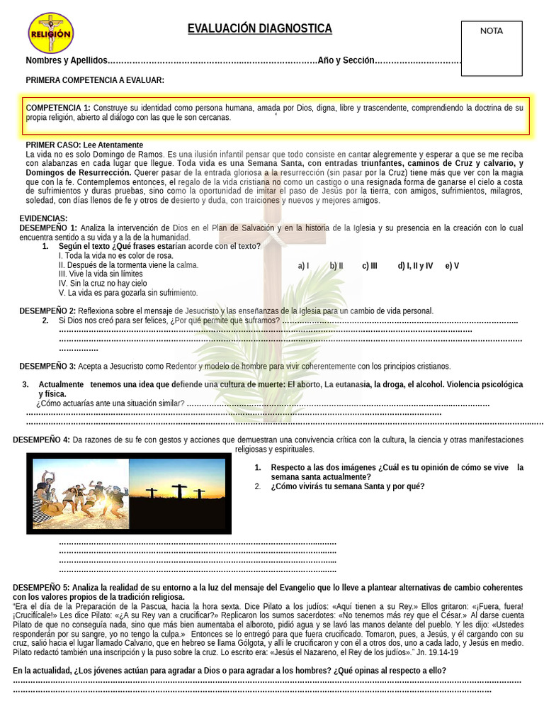Evaluación Diagnostica 4 Año | PDF | Poncio Pilato | Jesús