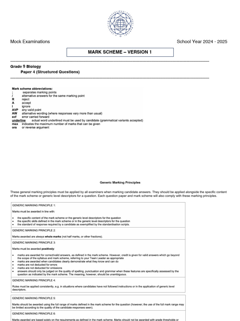 9.1 Biology Paper 4 MS Mock Examinations 2024-2025 | PDF | Cell (Biology) | Chloroplast