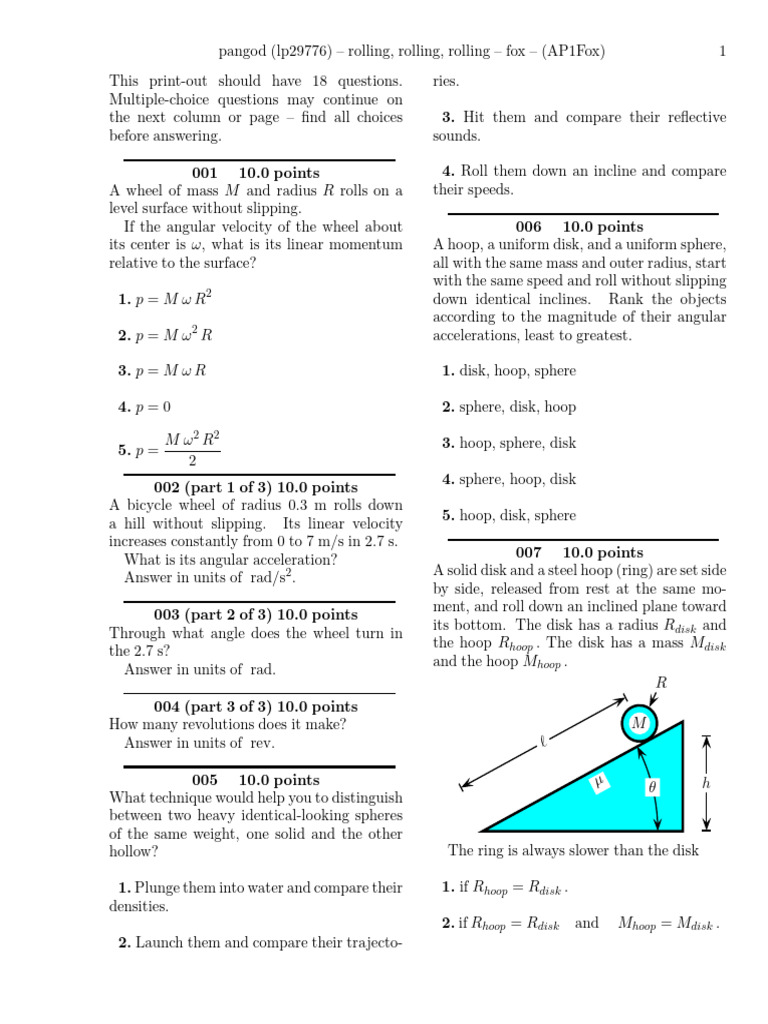 Rolling, Rolling, Rolling-Problems | PDF | Acceleration | Mass