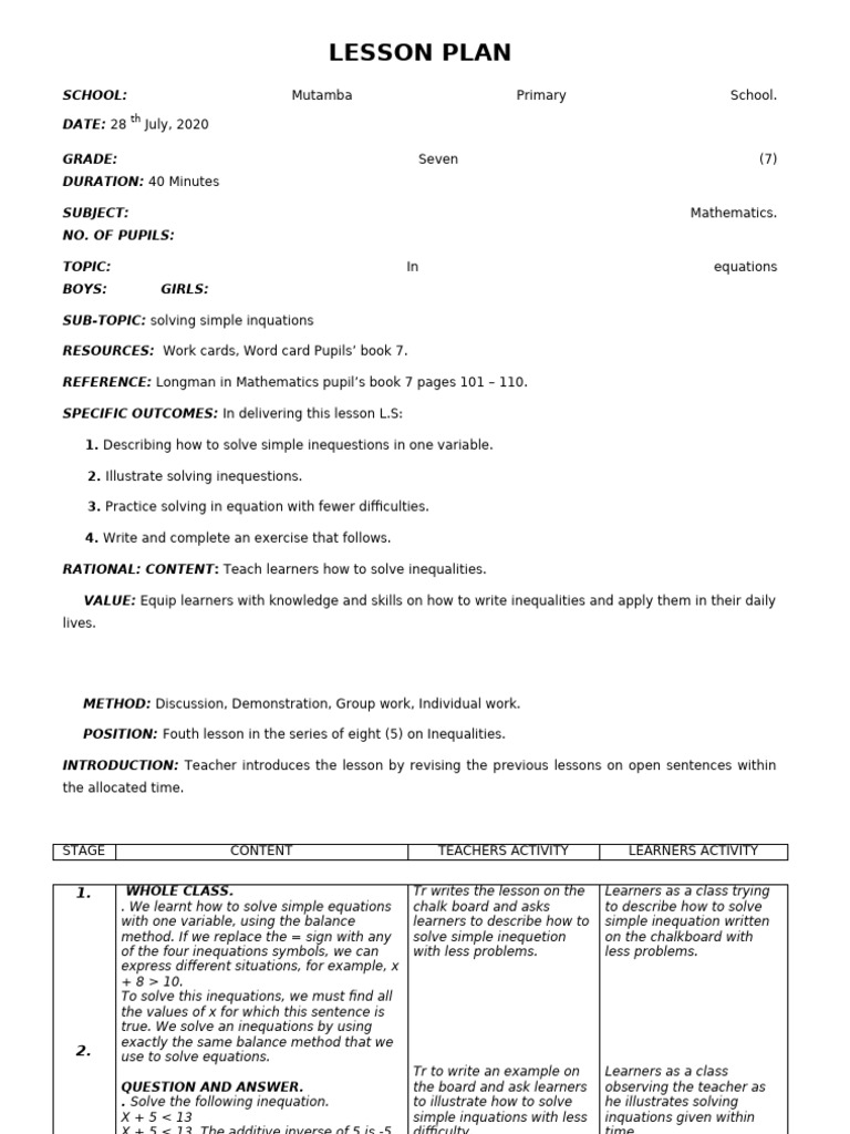 Lesson Plan inequations 4 | PDF | Equations | Mathematics
