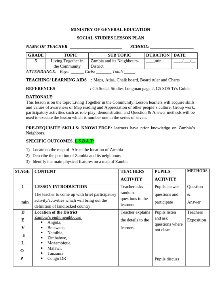 G5 Social Studies Lesson plans (10) | PDF | Zambia