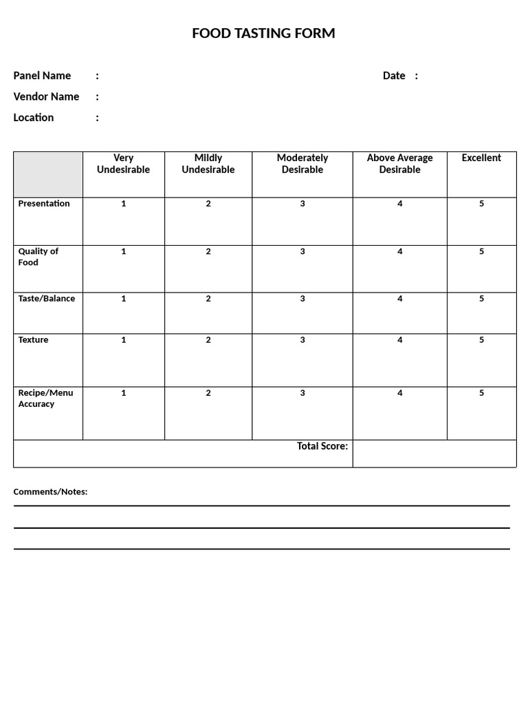 Food Tasting Form | PDF