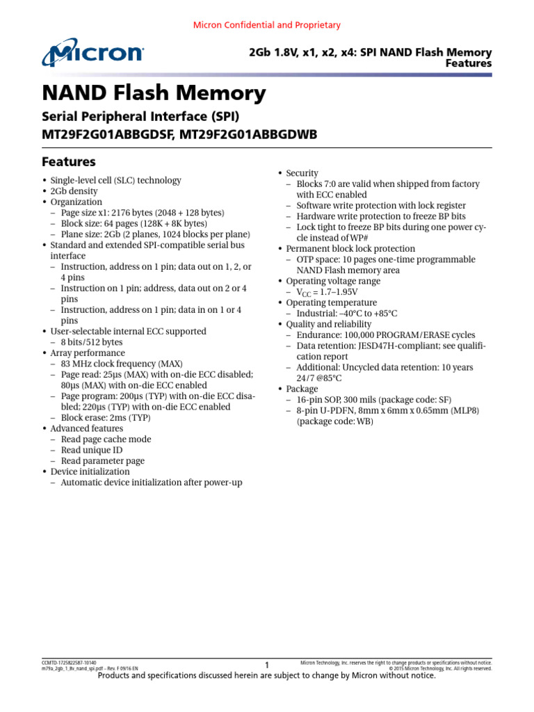 1 - Spi Mt29f2g01abbgdwb 1.8V | PDF | Flash Memory | Computer Data
